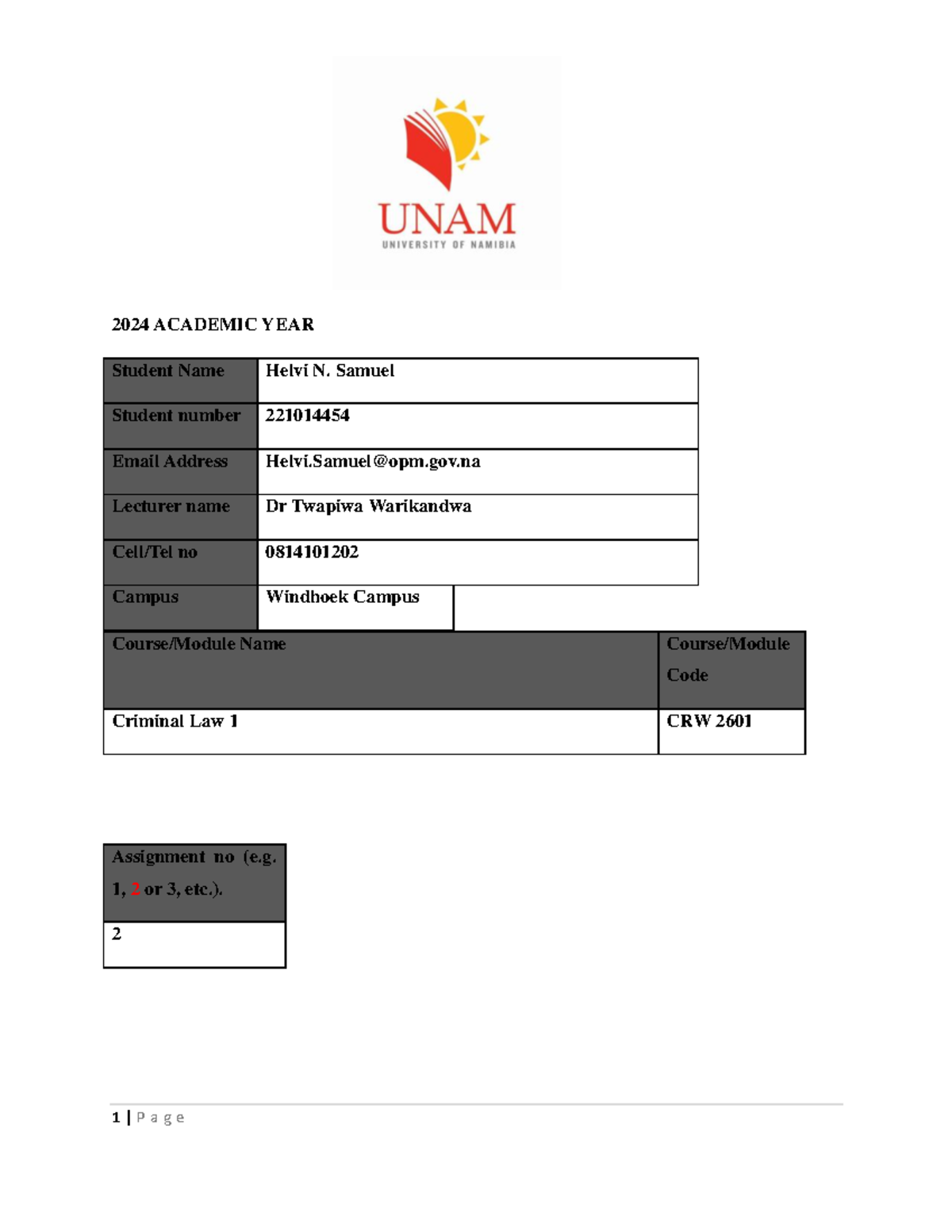 Assignment 2 Criminal Law - 2024 ACADEMIC YEAR Course/Module Name ...