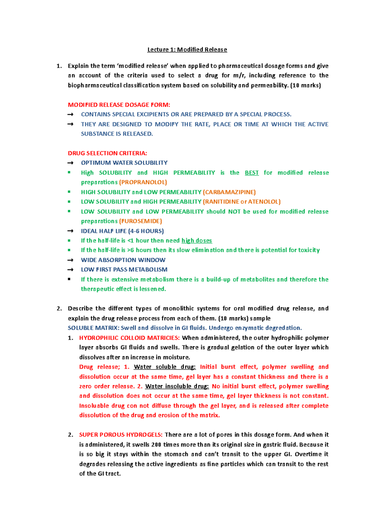 209 Pharmaceutics - Lecture 1: Modified Release Explain the term ...