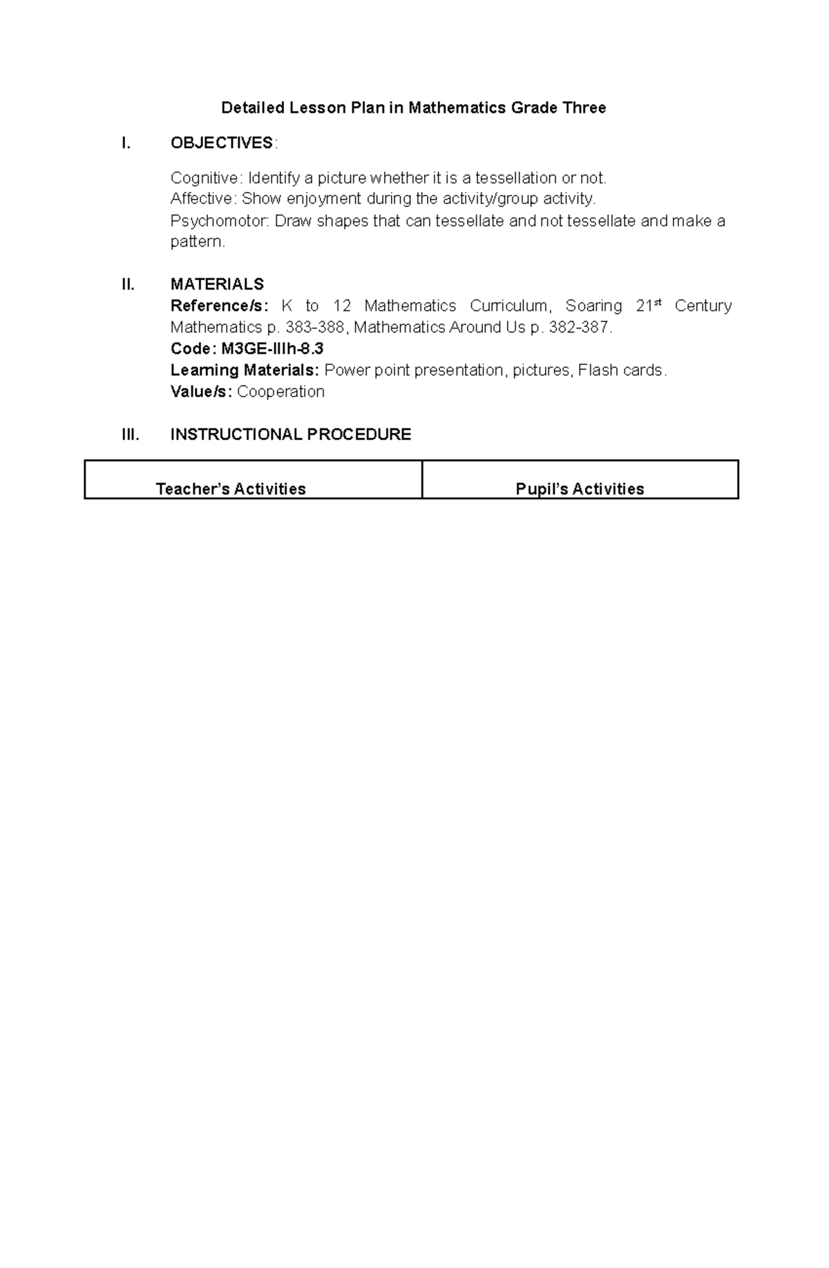 Detailed Lesson Plan in Mathematics Grad - OBJECTIVES: Cognitive ...