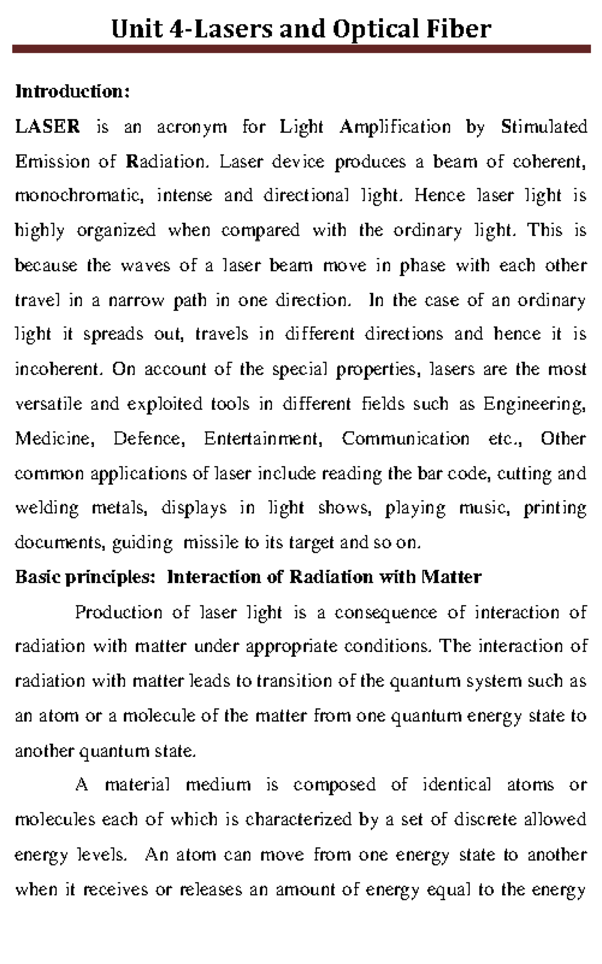 Unit 4 laser and of - Plz - Introduction: LASER is an acronym for Light ...