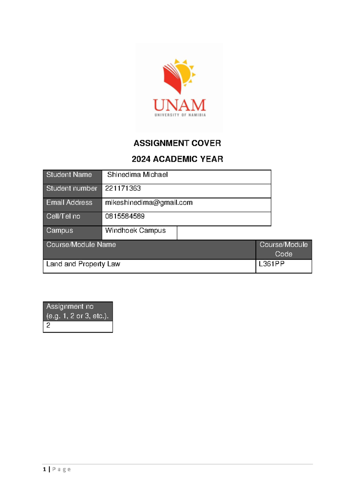 ASS 222 - Property law assignment 2 - ASSIGNMENT COVER 2024 ACADEMIC ...