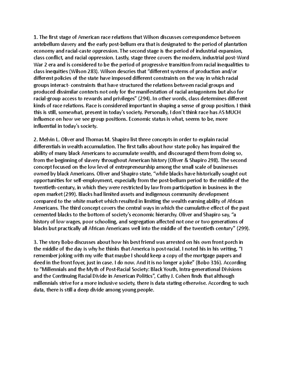 SOC 330 discussion 7 - 1. The first stage of American race relations ...