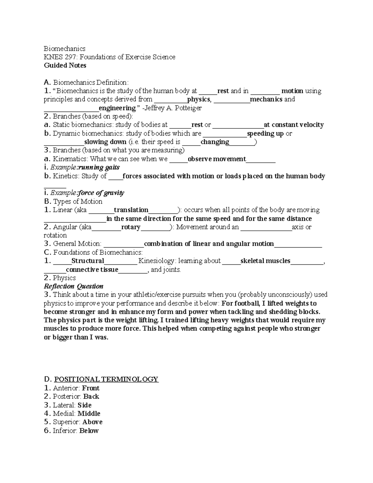 Biomechanics - Notes - Biomechanics KNES 297: Foundations of Exercise ...