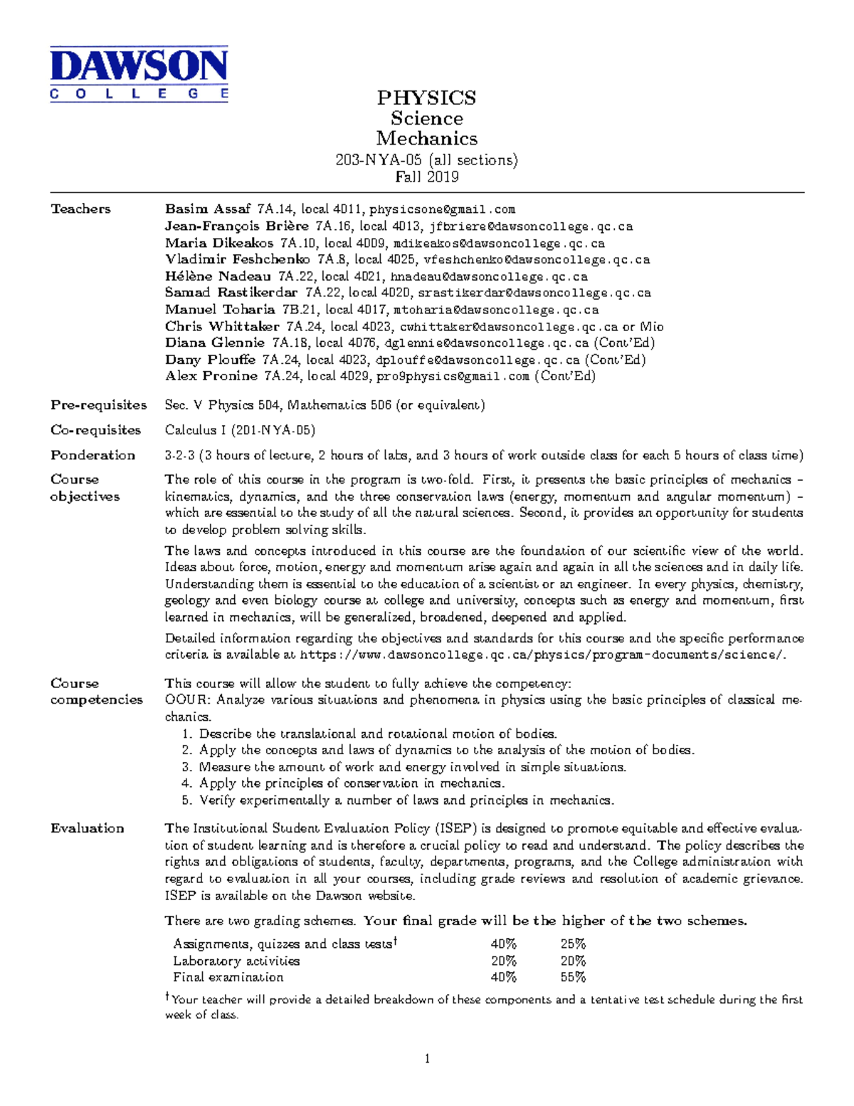 203-NYA-05 Mechanics - Course outline - PHYSICS Science Mechanics 203 ...