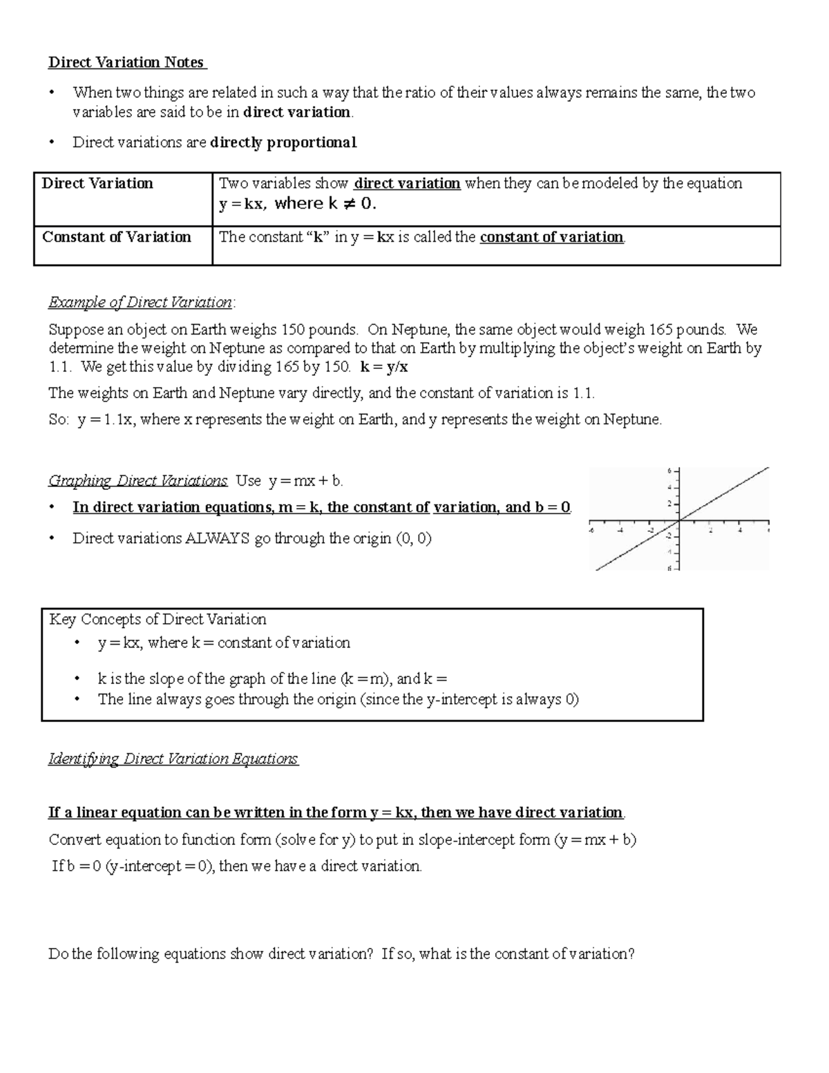Direct Variation Notes - Direct Variation Notes When two things are ...