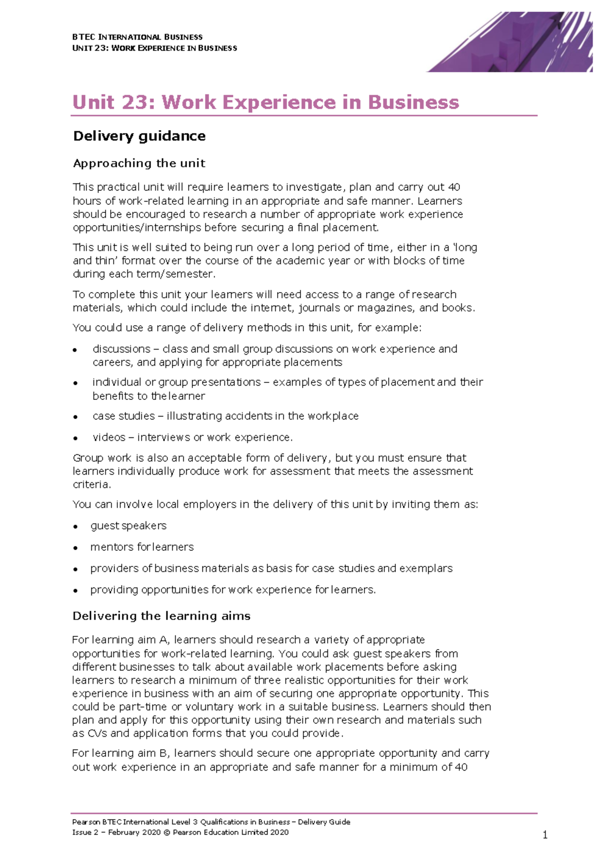 BTEC 2020 L3 INT Bus DG U23 V1 - UNIT 23: WORK EXPERIENCE IN BUSINESS ...