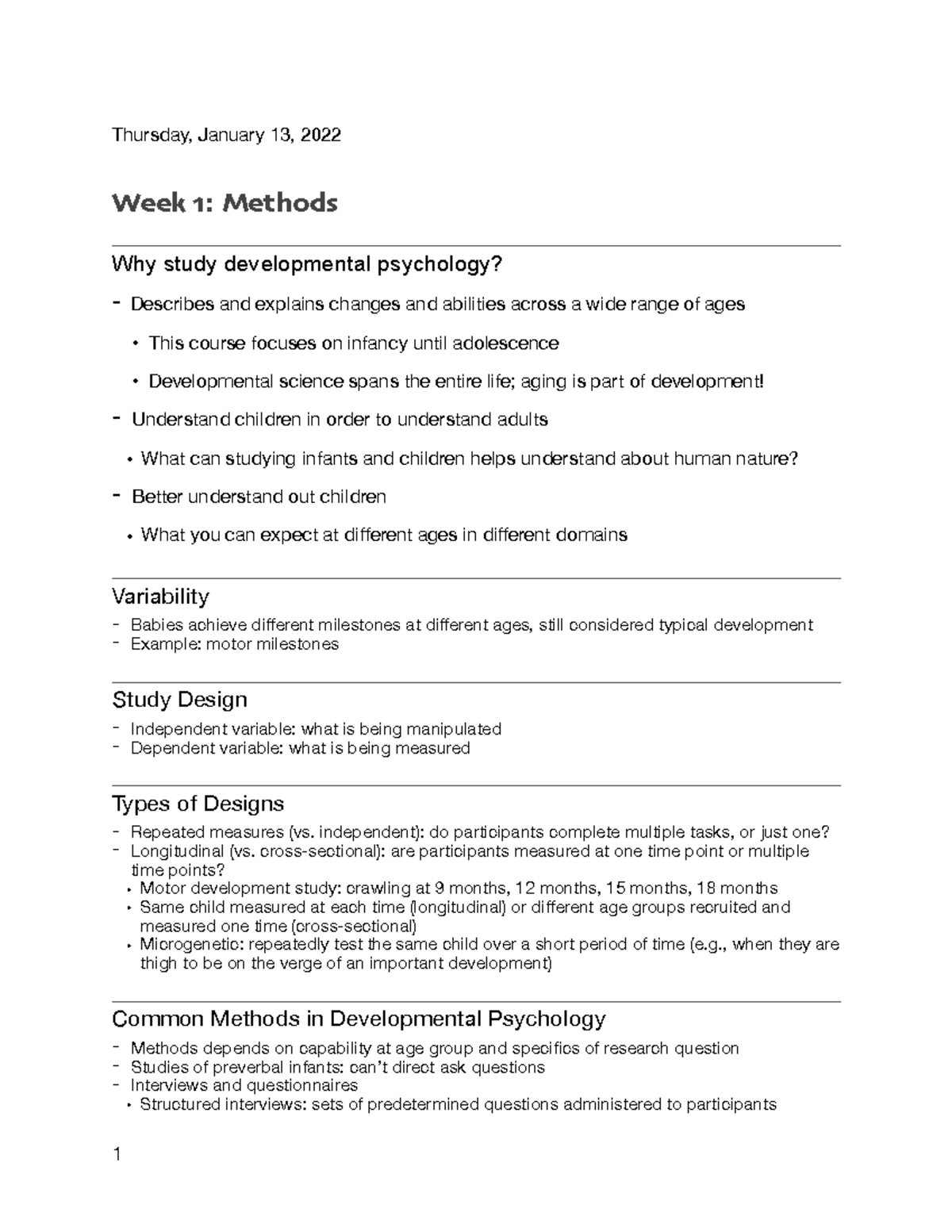 PSY 250 - Week 1: Methods notes - Thursday, January 13, 2022 Week 1 ...