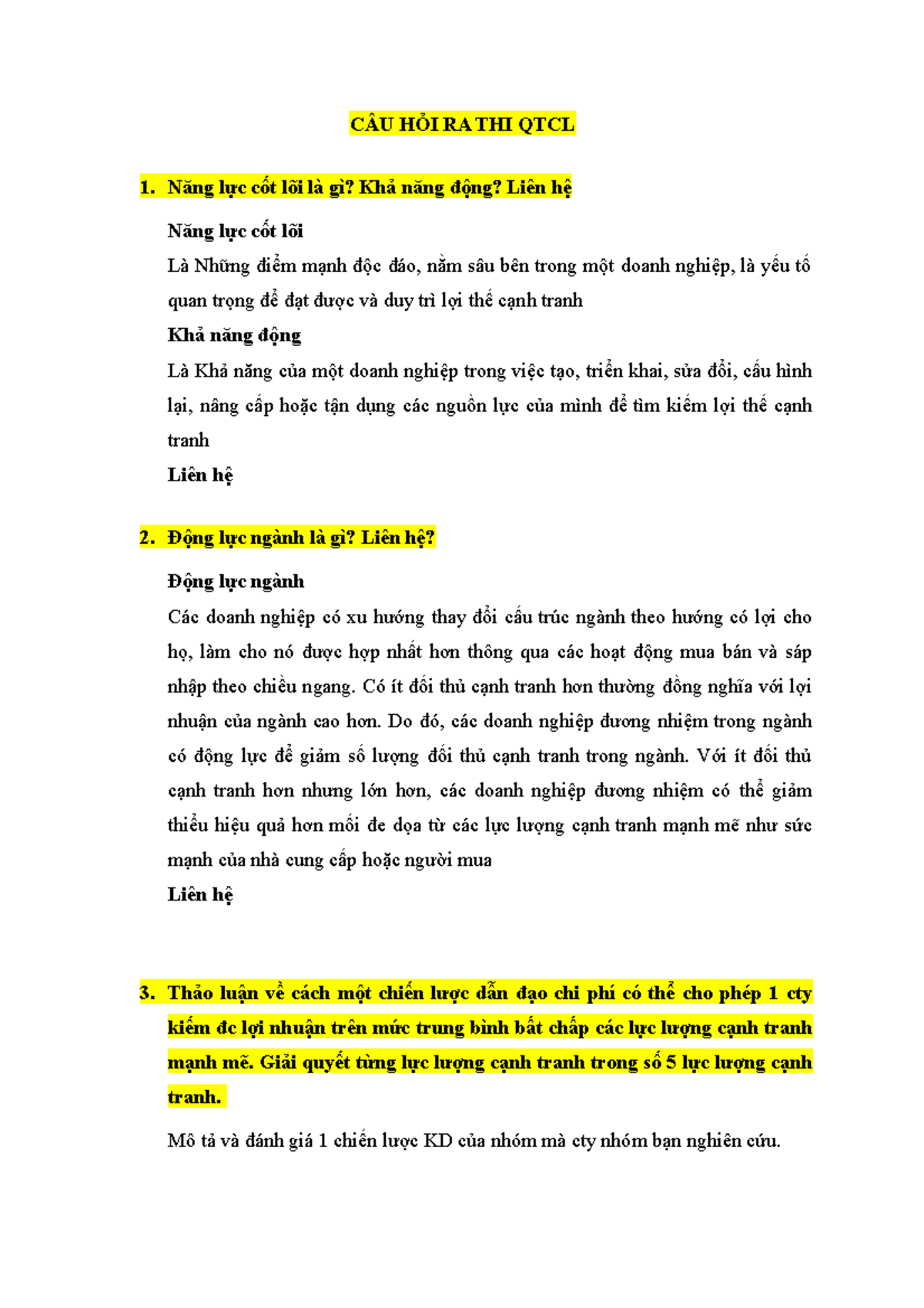 CÂU HỎI RA THI QTCL - sdfcv - CÂU HỎI RA THI QTCL Năng lực cốt lõi là ...