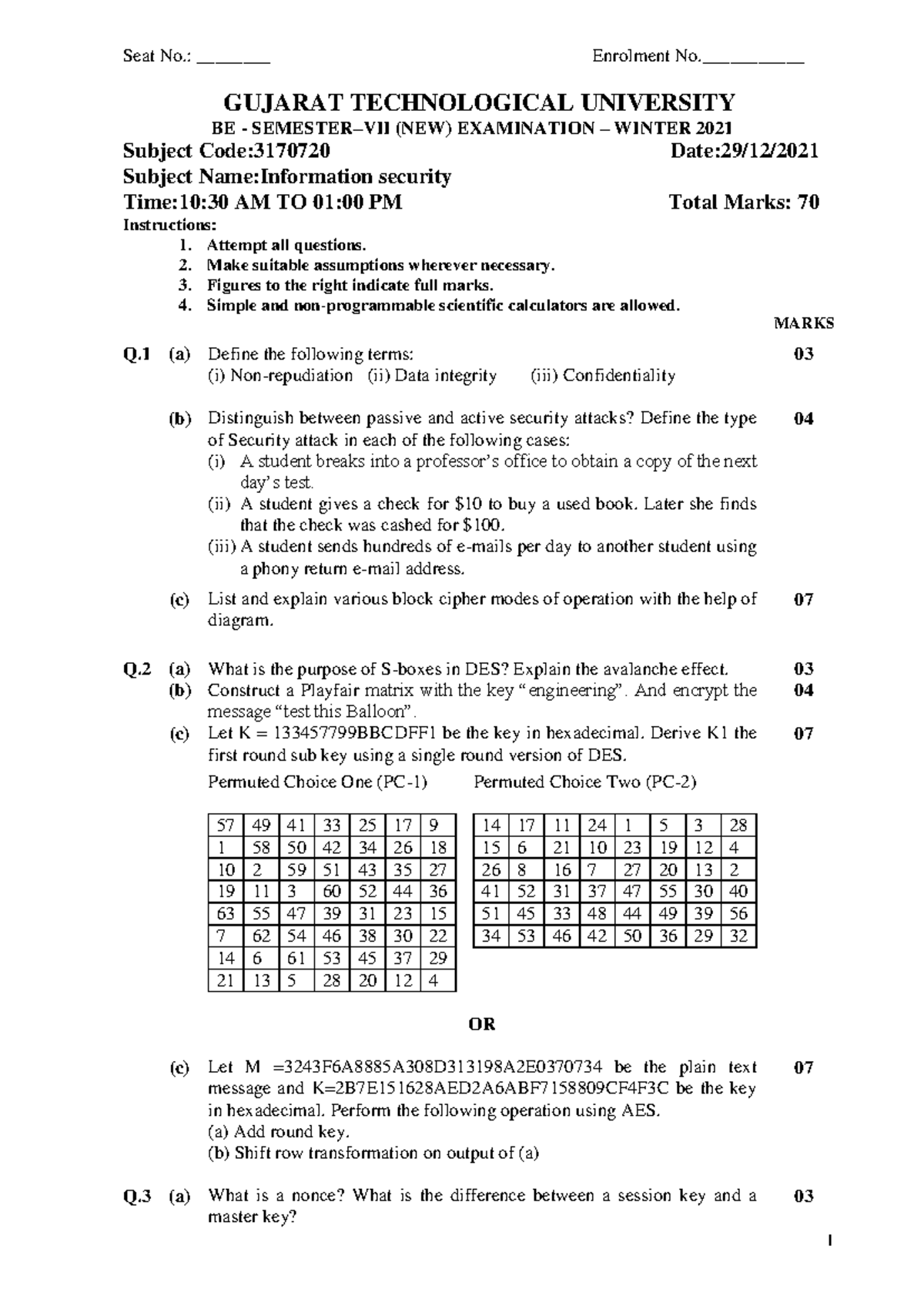 3170720 - Information security - 1 Seat No.: ________ Enrolment No.___________ GUJARAT ...