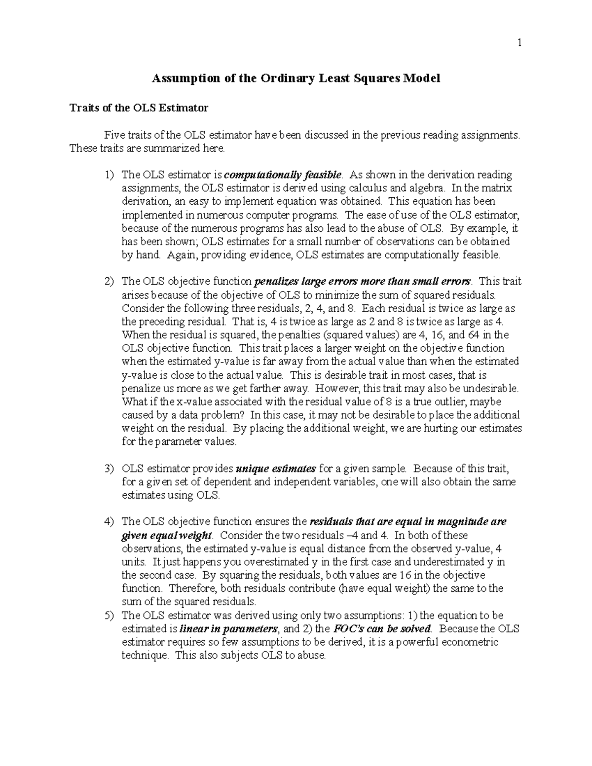 Econometrics Ols Estimator 1 Assumption Of The Ordinary Least Squares