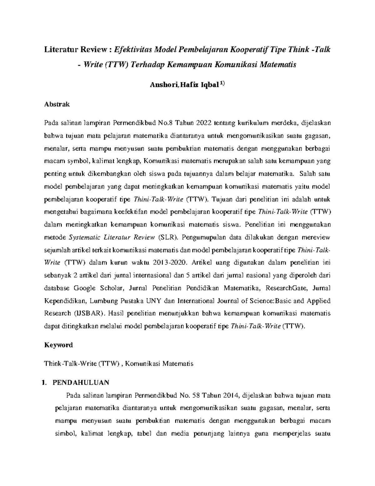 Literatur Review Efektivitas Model Pembelajaran Kooperatif Tipe Think -Talk - Salah satu model ...