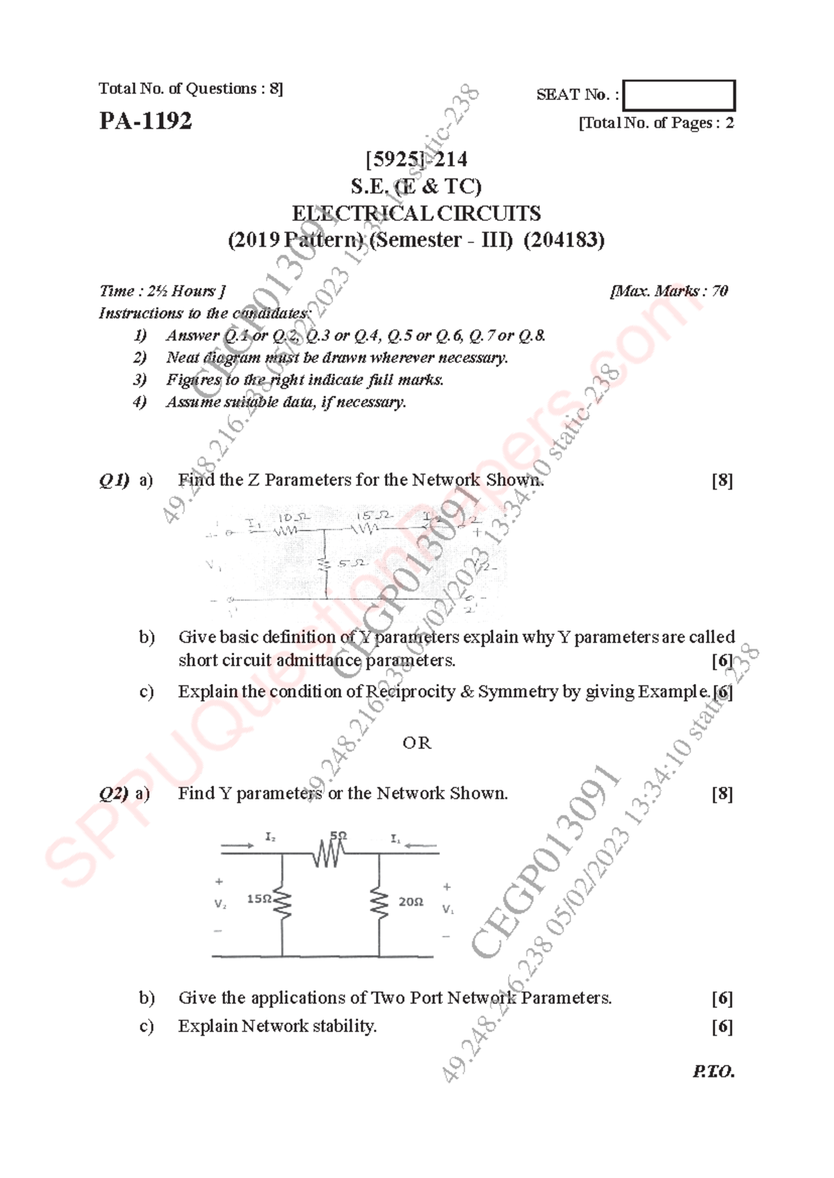 ELC End Sem feb23 question paper electrical circuits - Total No. of ...