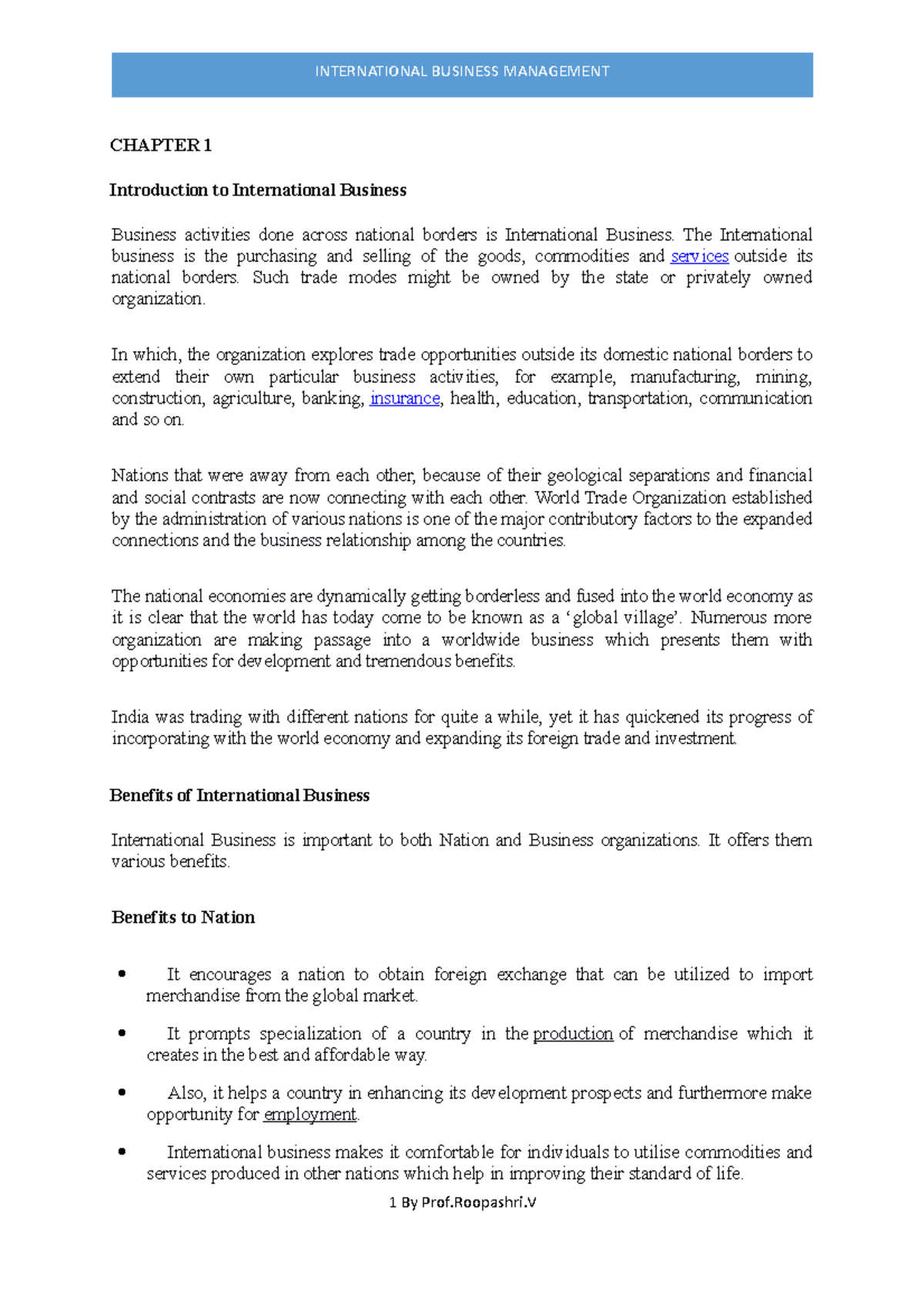 Chapter 1 - notes - CHAPTER 1 Introduction to International Business ...