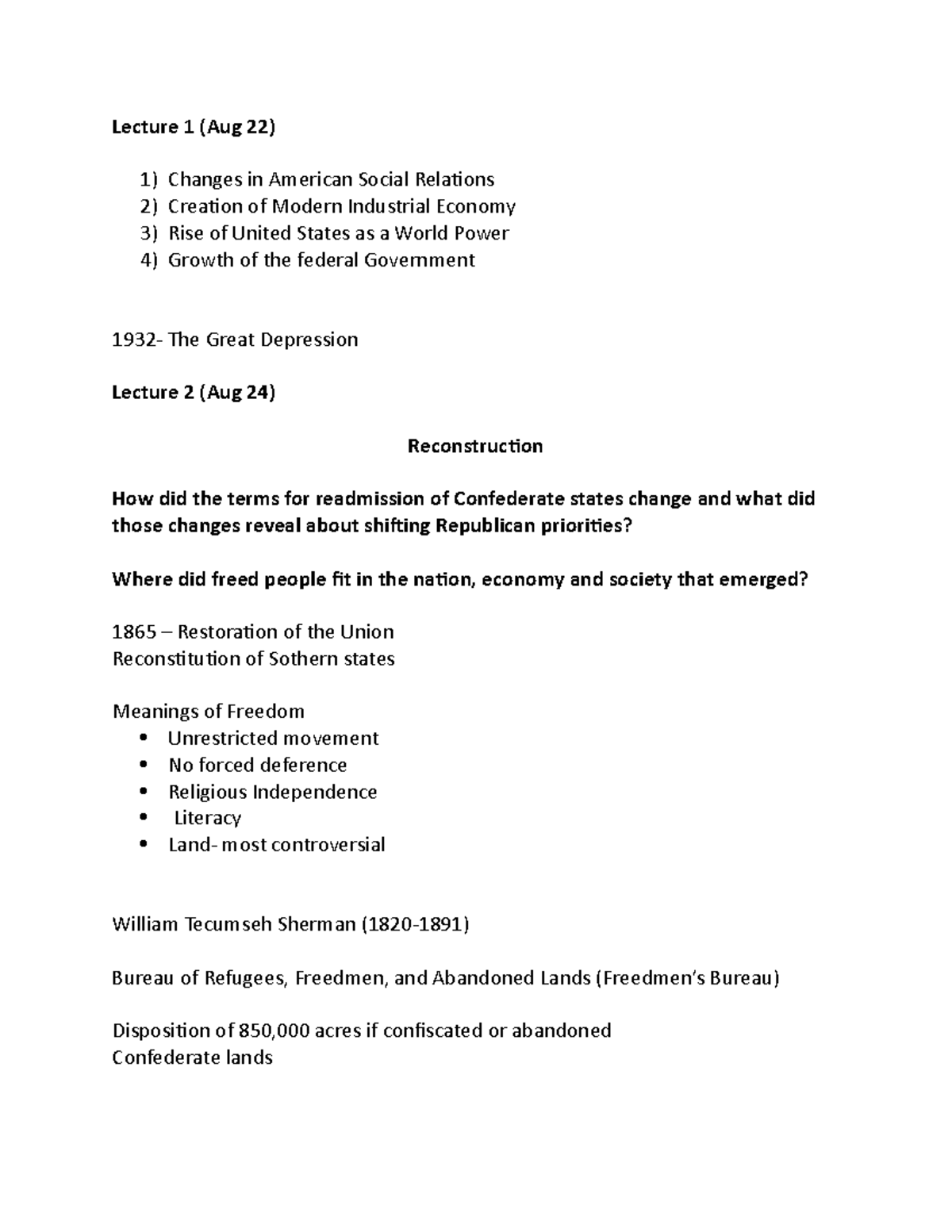History Lecture notes - Lecture 1 (Aug 22) Changes in American Social ...