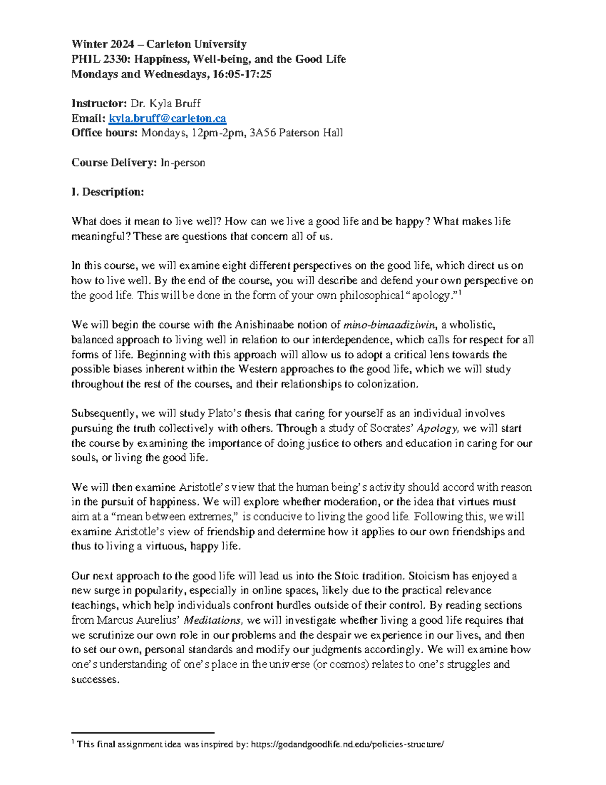 2024 Winter - Kyla Bruff - PHIL 2330 - Happiness, Well-being and the ...