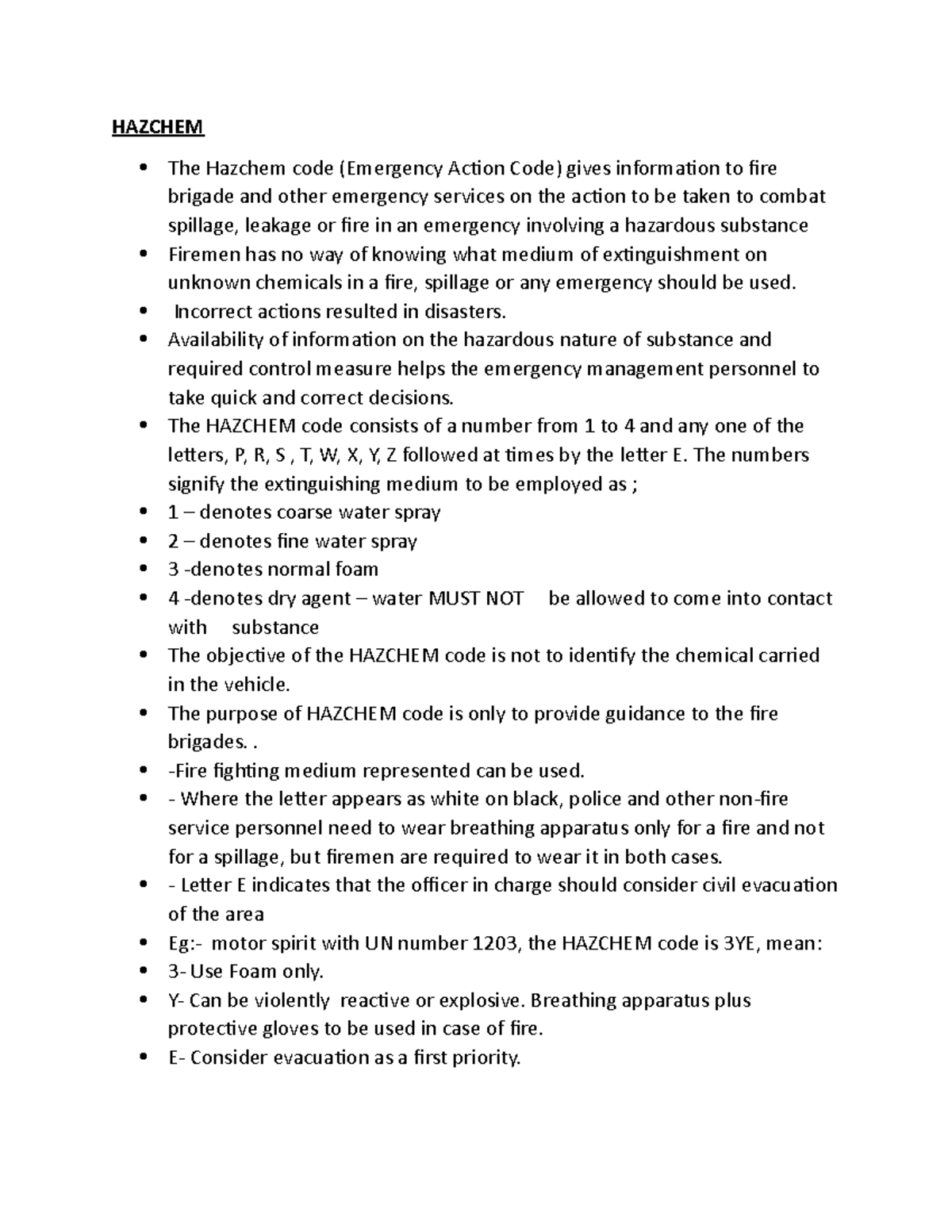 HAZChem Lecture Notes HAZCHEM The Hazchem Code Emergency Action