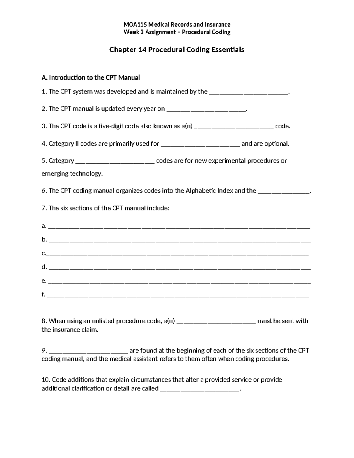 Week 3 Assignment Worksheet 15e - Week 3 Assignment – Procedural Coding Chapter 14 Procedural ...
