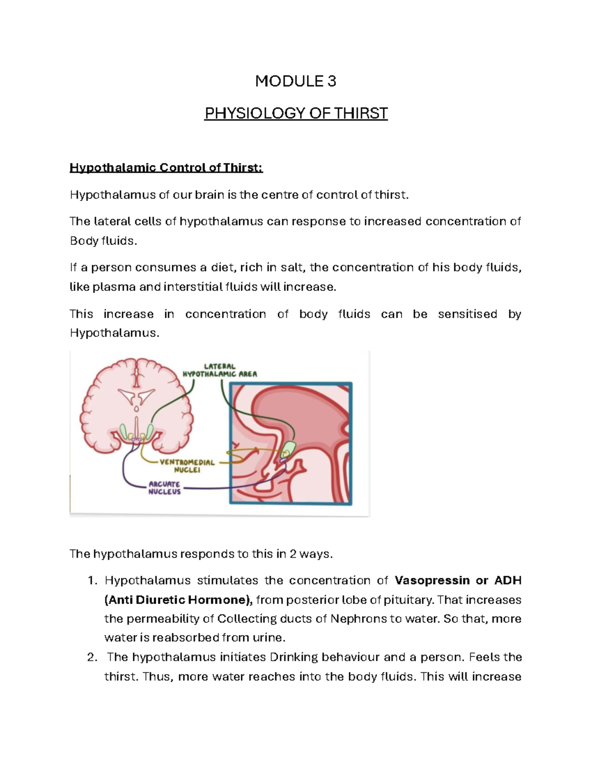 Physiology module 3 - MODULE 3 PHYSIOLOGY OF THIRST Hypothalamic ...