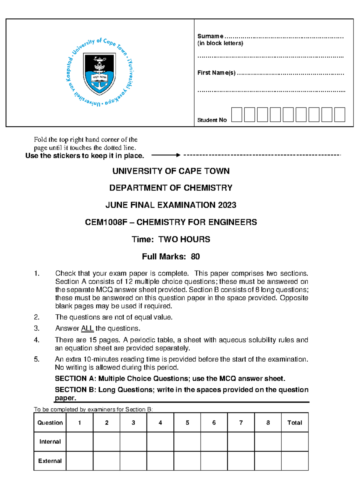 CEM1008 F June Exam 2023 - Fold the top right hand corner of the page ...