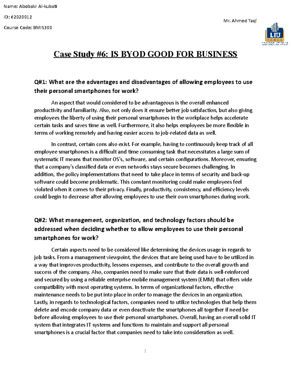 MIS Case 6 Abobakr - details and done - Mr. Ahmed Taqi Case Study #6: IS BYOD GOOD FOR BUSINESS ...
