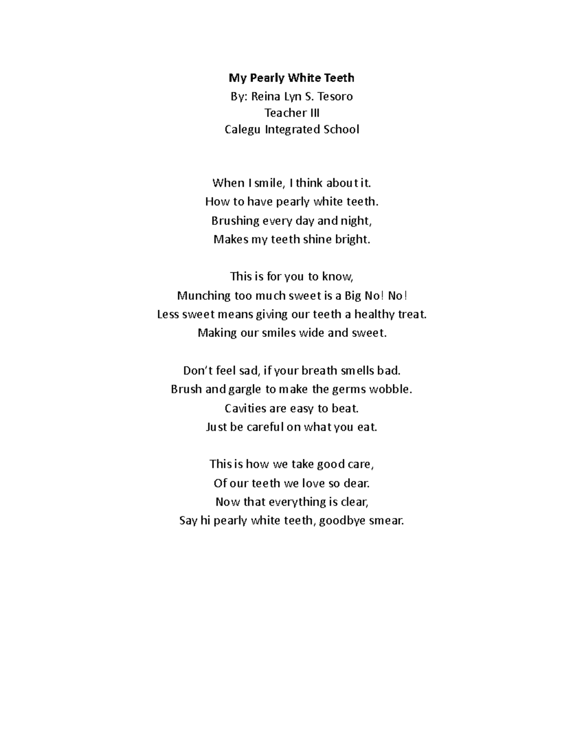 My Pearly White Teeth - a poem for kids. - My Pearly White Teeth By ...