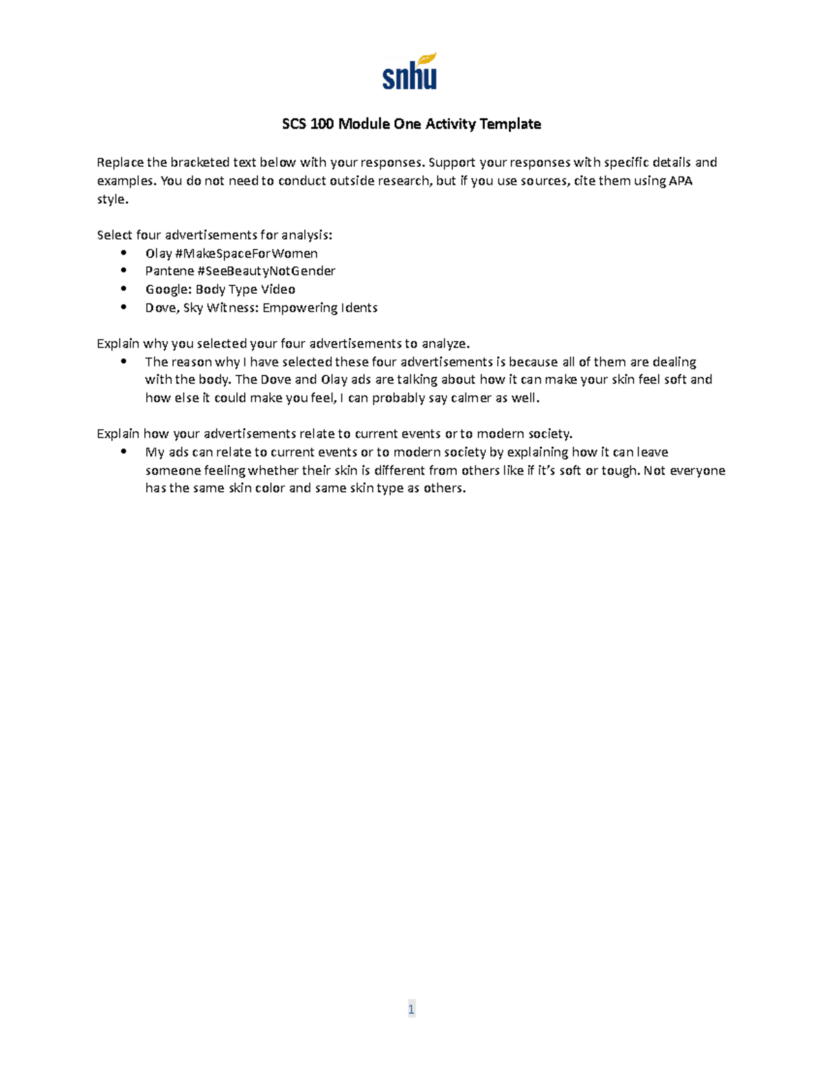 SCS 100 Module One Activity Template - SCS 100 Module One Activity ...