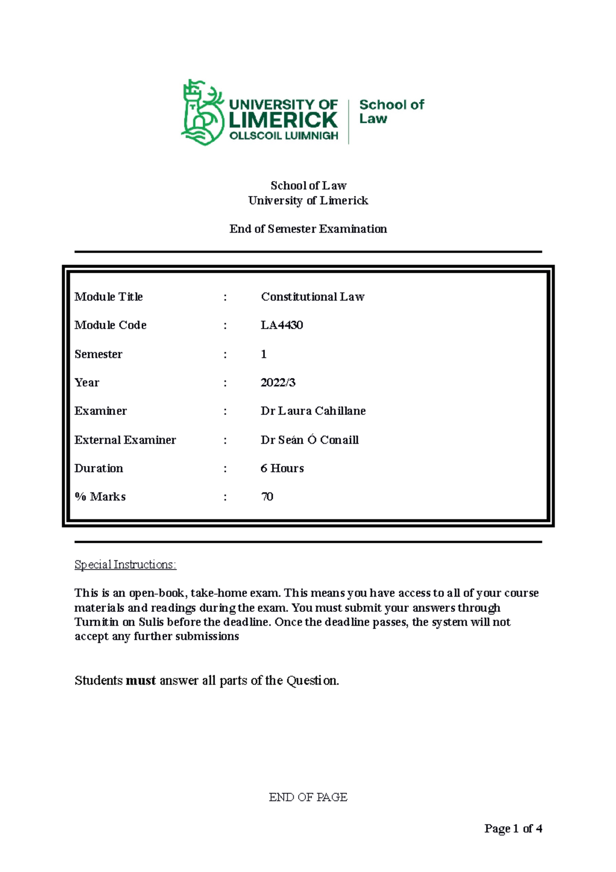LA4430 Autumn EXAM 2022 Final - School of Law University of Limerick End of Semester Examination ...