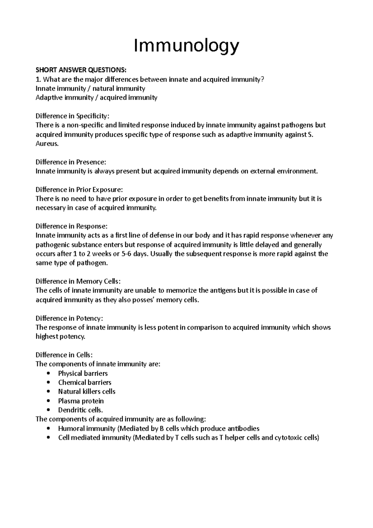 Immunology - Immunology SHORT ANSWER QUESTIONS: What are the major ...