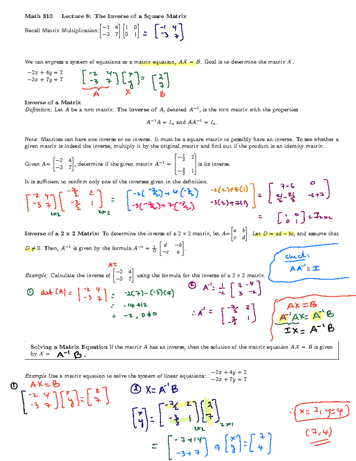 Math 310 Lecture 8 Solution - Math 310 Lecture 8: The Inverse of a Square Matrix Recall Matrix ...
