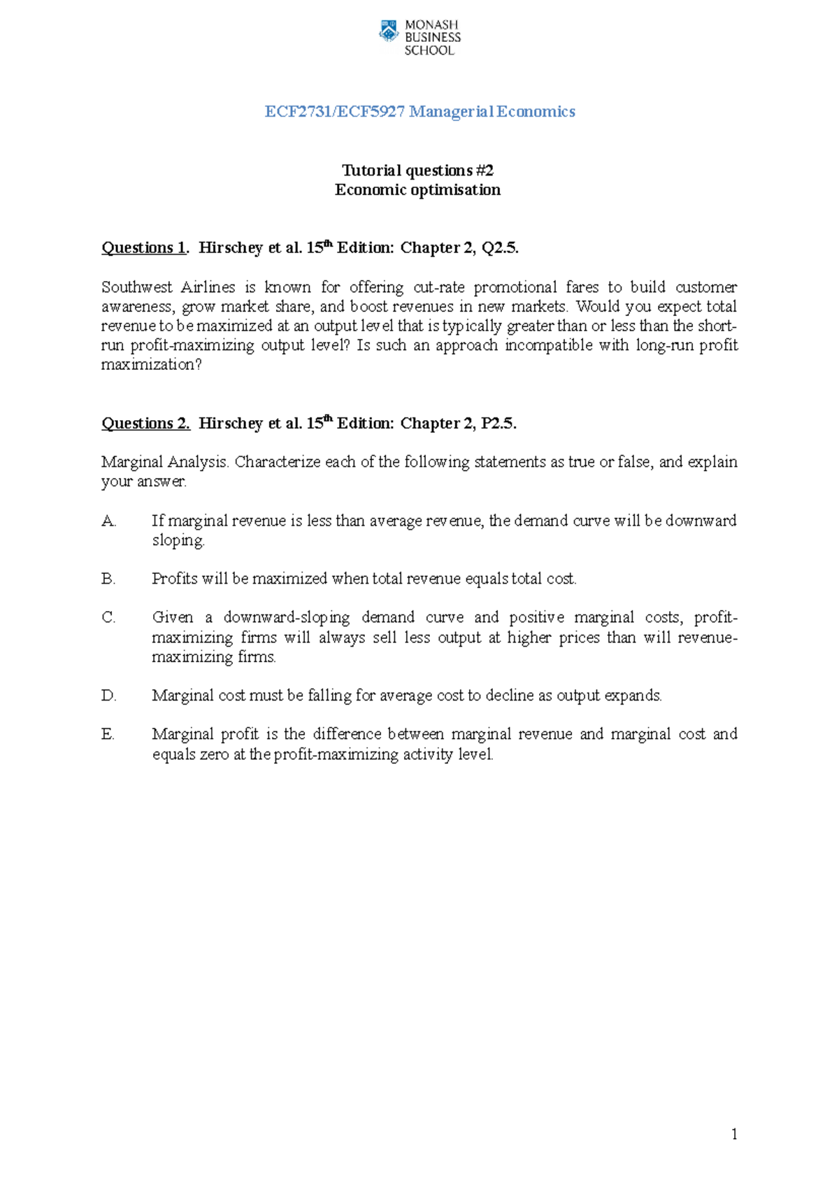 Tutorial questions #2 Economic optimisation - ECF2731/ECF5927 ...