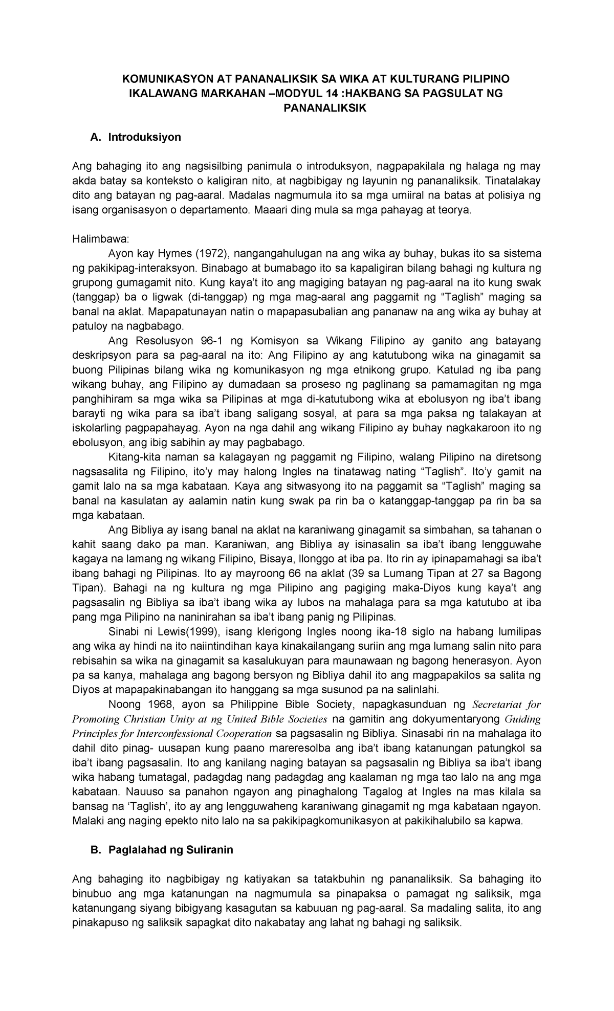 Kompan- Notes - KOMUNIKASYON AT PANANALIKSIK SA WIKA AT KULTURANG ...