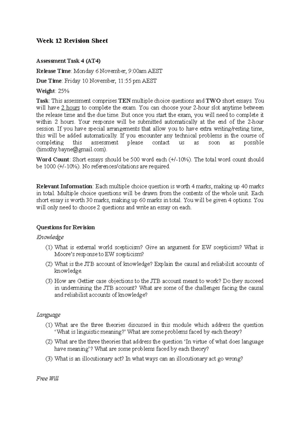 Week 12 Revision Sheet - preparation for finals - Week 12 Revision Sheet Assessment Task 4 (AT4 ...