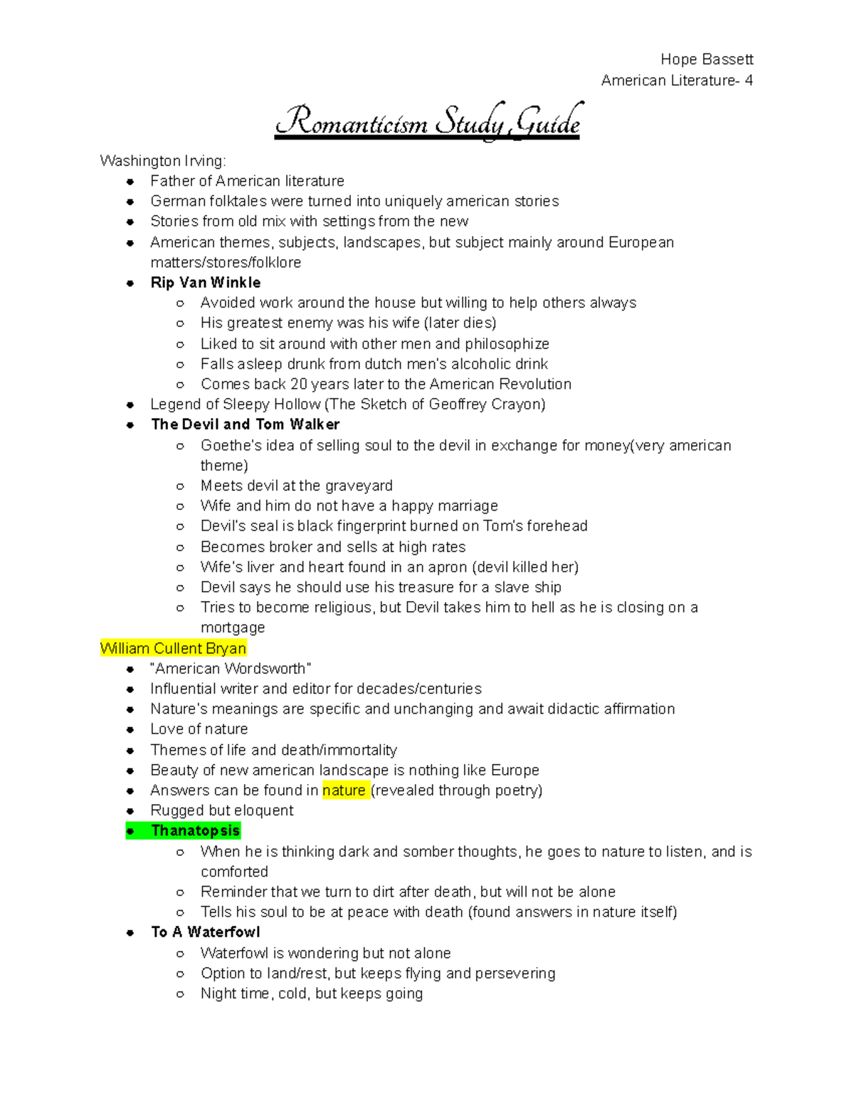 Romaticism Study Guide - American Literature- 4 Romanticism Study Guide ...