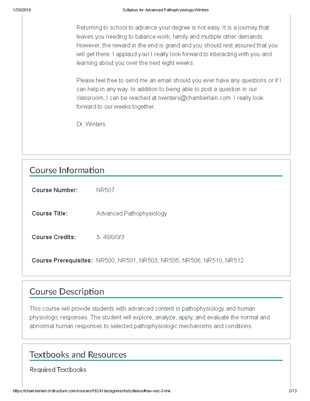 Syllabus for Advanced Pathophysiology 1 - Returning to school to ...