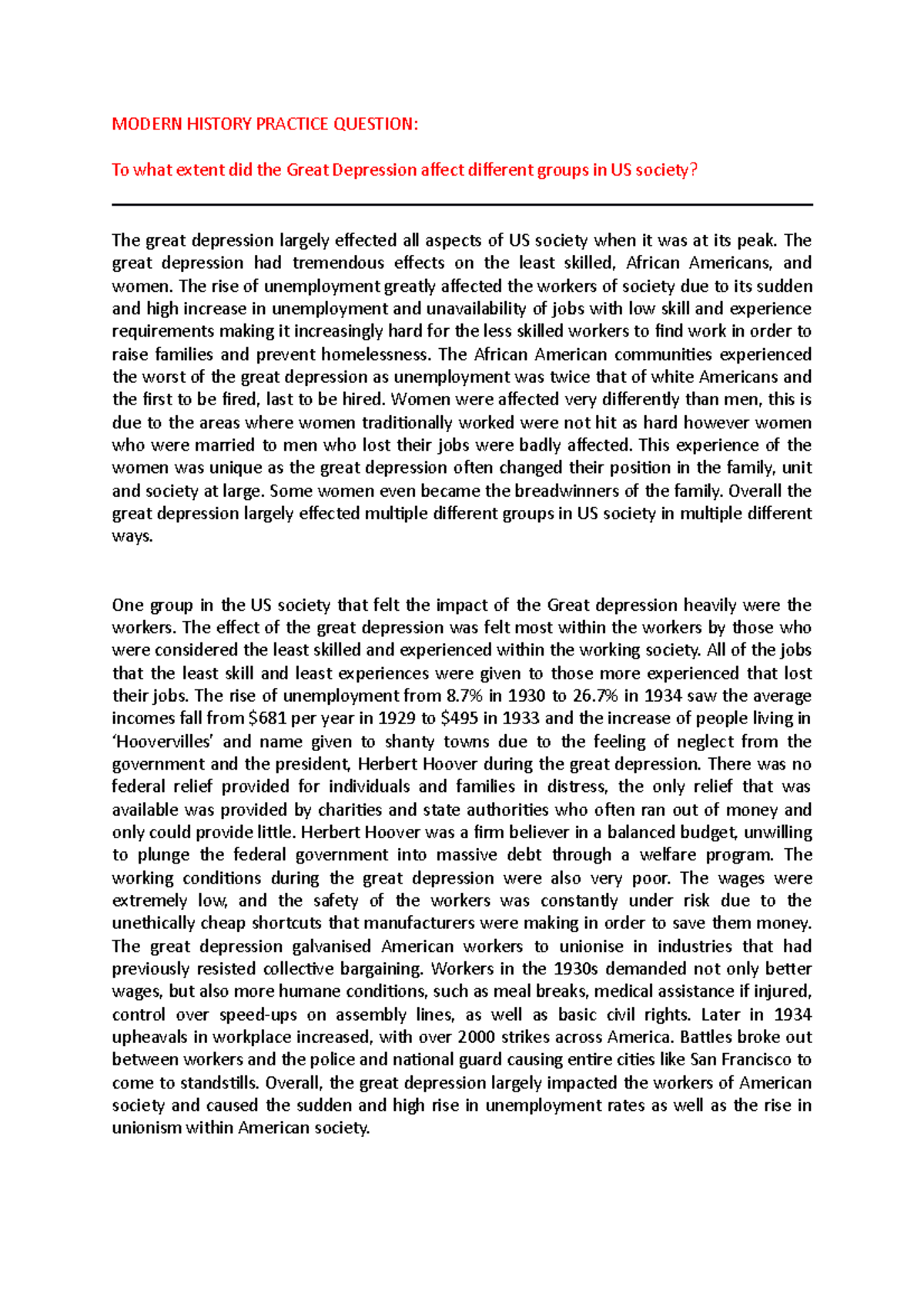 Modern prac essay 1 - MODERN HISTORY PRACTICE QUESTION: To what extent ...