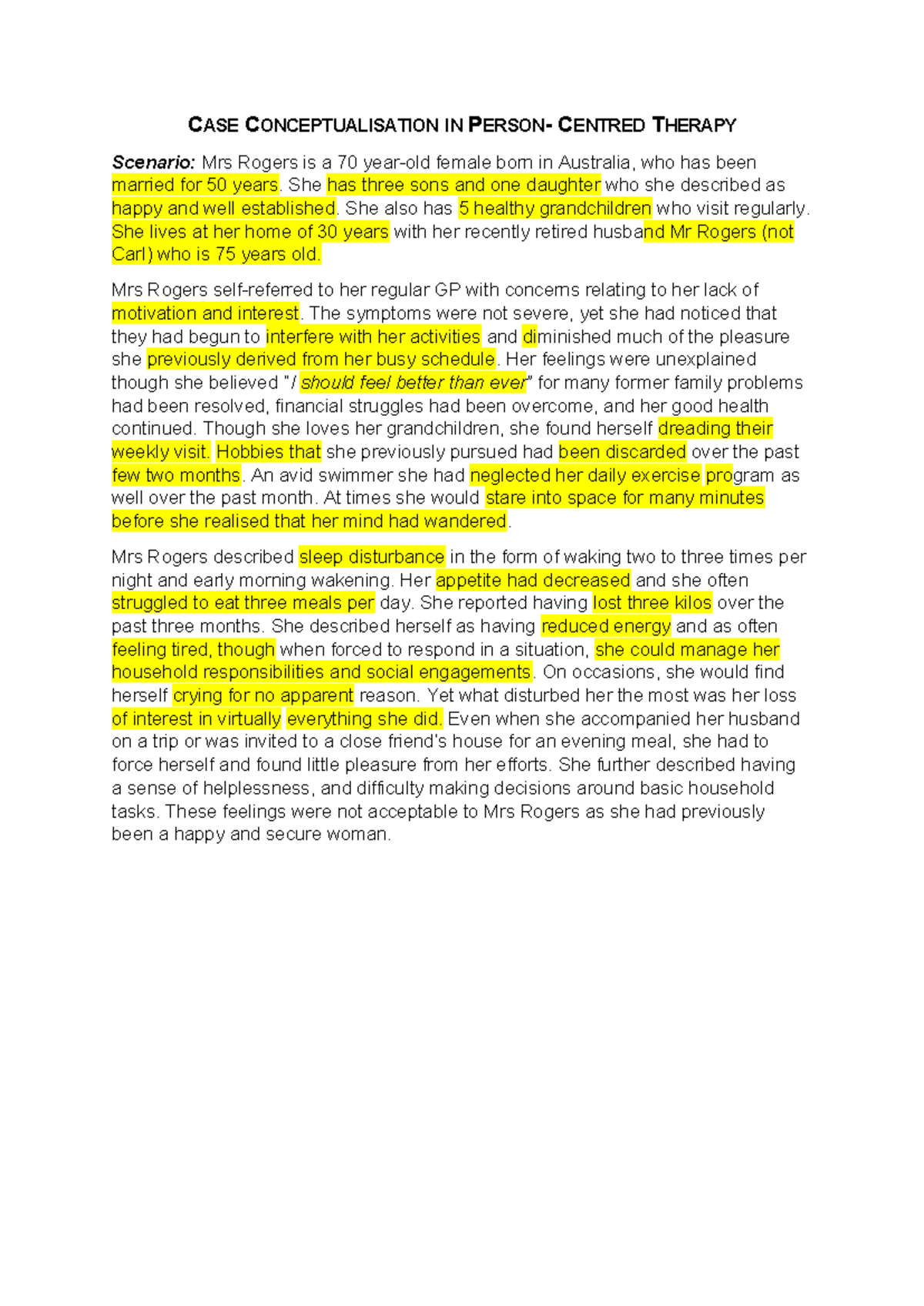 Week 8 Person centred case study Notes - CASE CONCEPTUALISATION IN ...