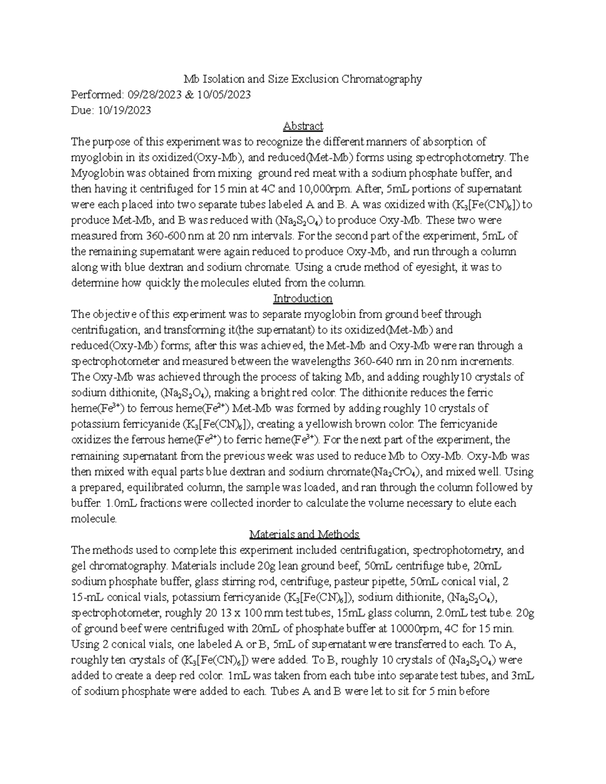 Mb Isolation and Size Exclusion Chromatographylab report - Mb Isolation ...