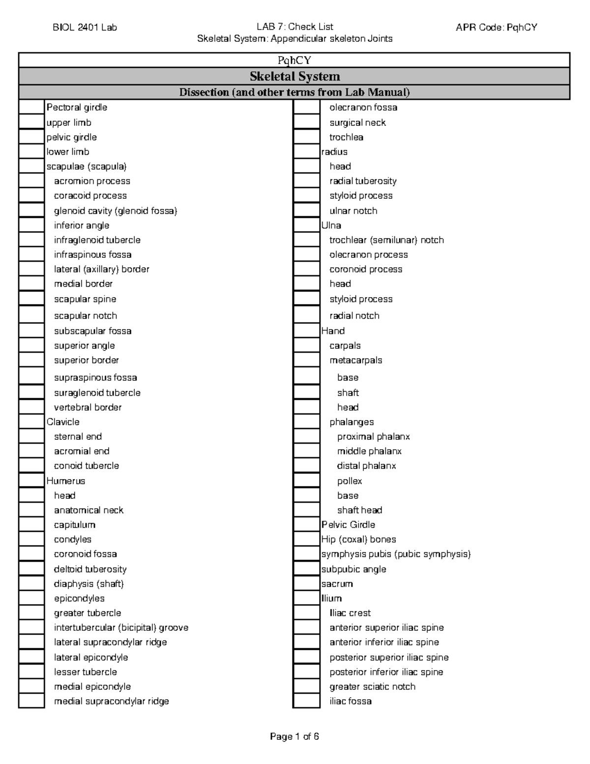 Lab 7 Terms Check List - Pqh CY - Skeletal System: Appendicular ...