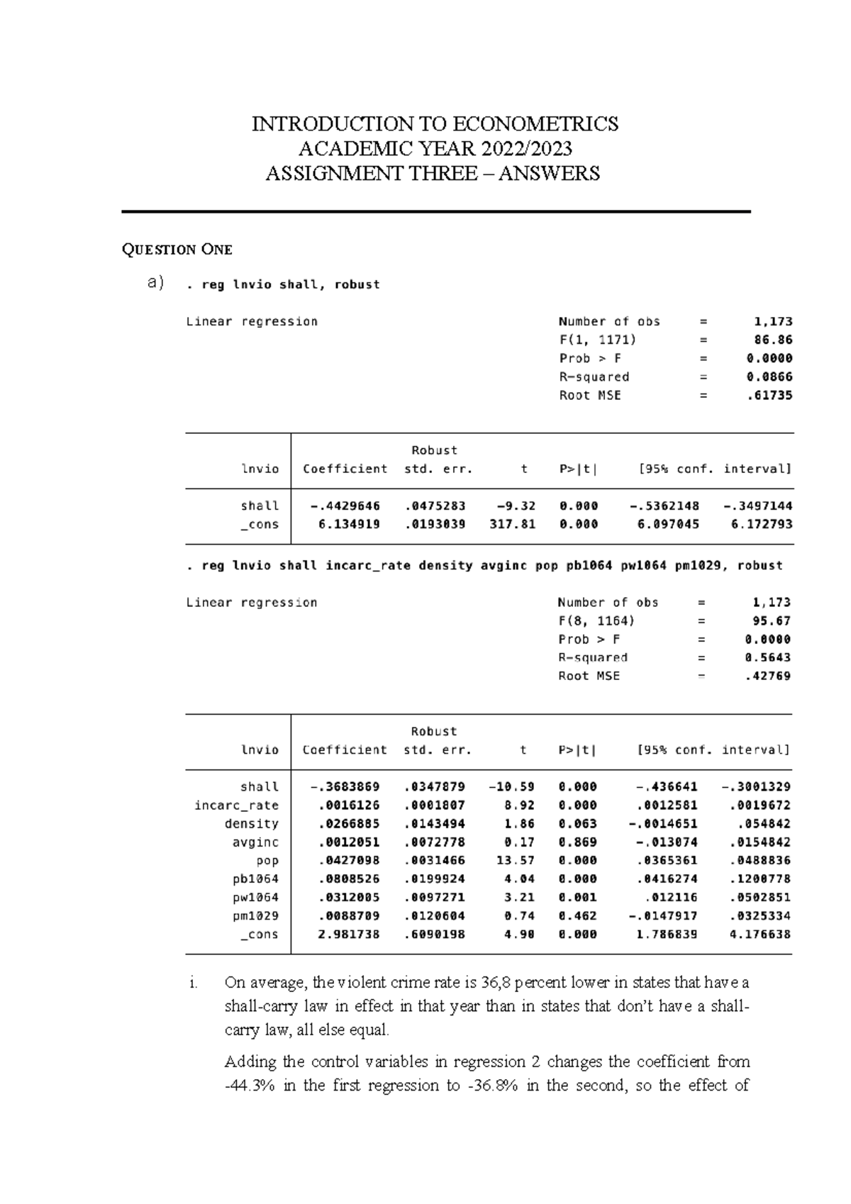 Assignment 3 - Oplossing HW3 - INTRODUCTION TO ECONOMETRICS ACADEMIC YEAR 2022/ ASSIGNMENT THREE ...