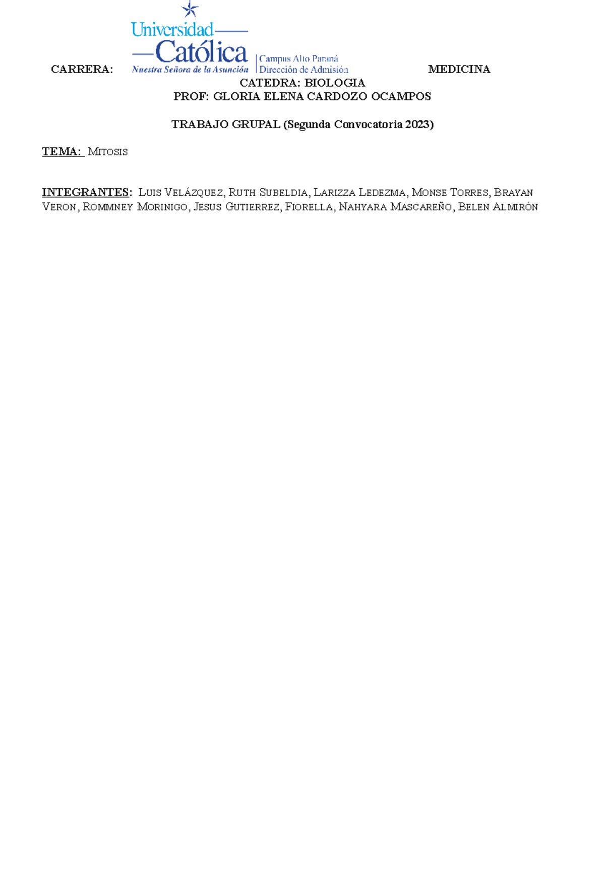 Trabajo Practico-Grupo 4 Mitosis - CARRERA: MEDICINA CATEDRA: BIOLOGIA ...