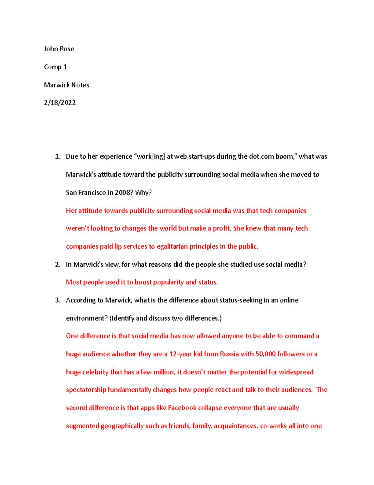 John Rose Marwick Questions - John Rose Comp 1 Marwick Notes 2/18/ Due ...