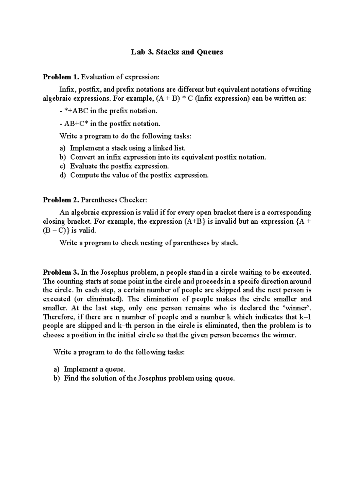 Lab-03 - ggdd - Lab 3. Stacks and Queues Problem 1. Evaluation of ...