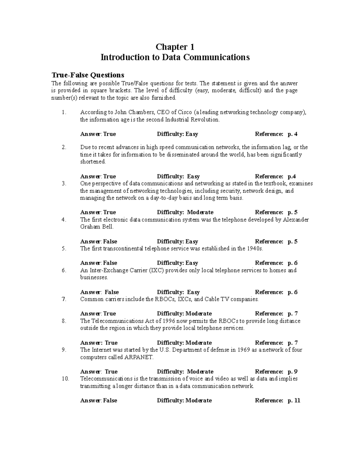 Ch01 - test bank - Chapter 1 Introduction to Data Communications True ...