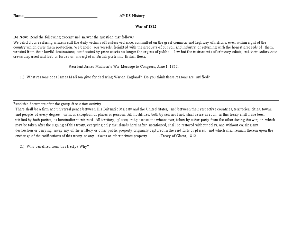 War of 1812 Lesson Sheet - Name ____________________________________ AP ...