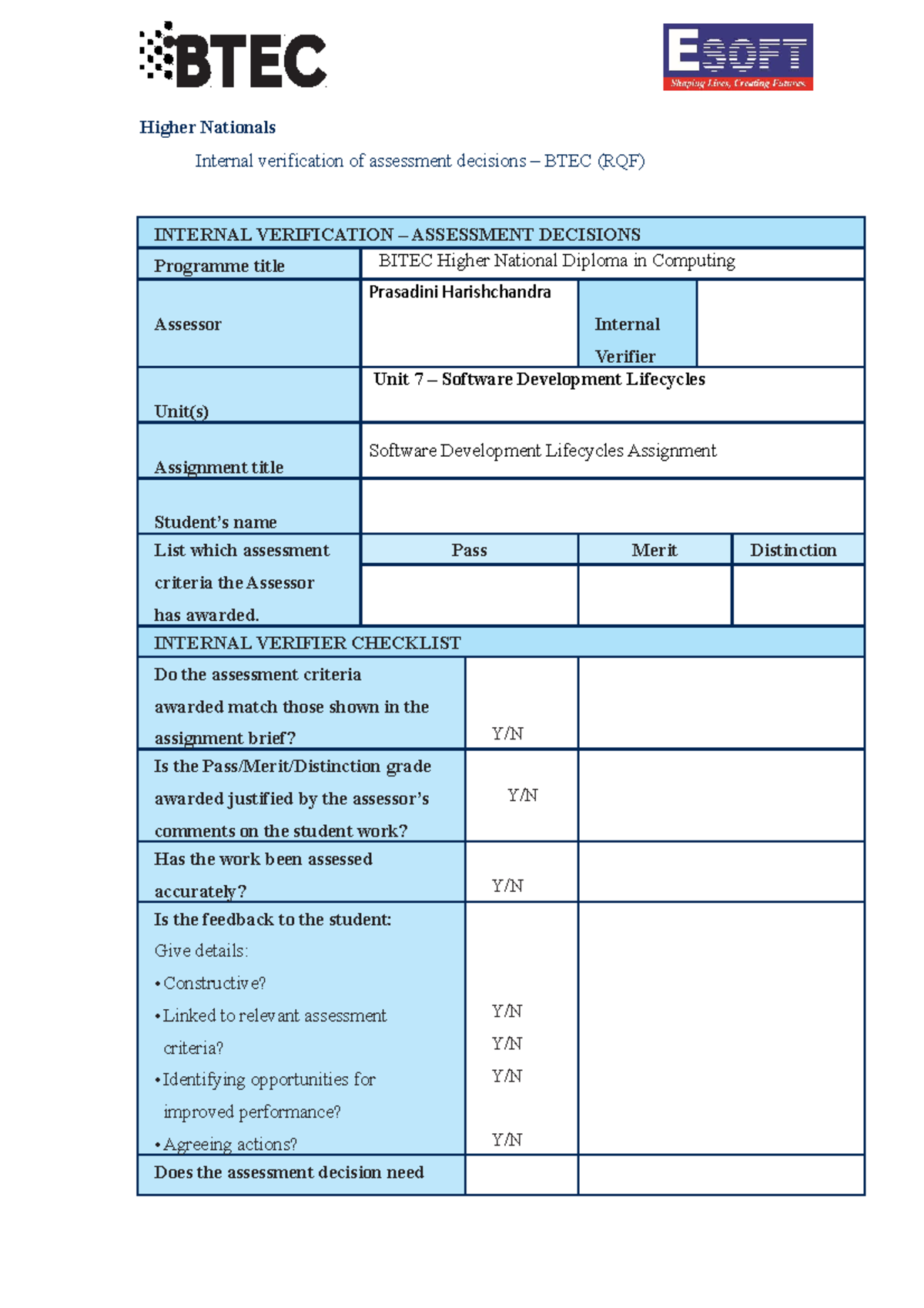 sdlc........................... - Higher Nationals Internal verification of assessment decisions ...