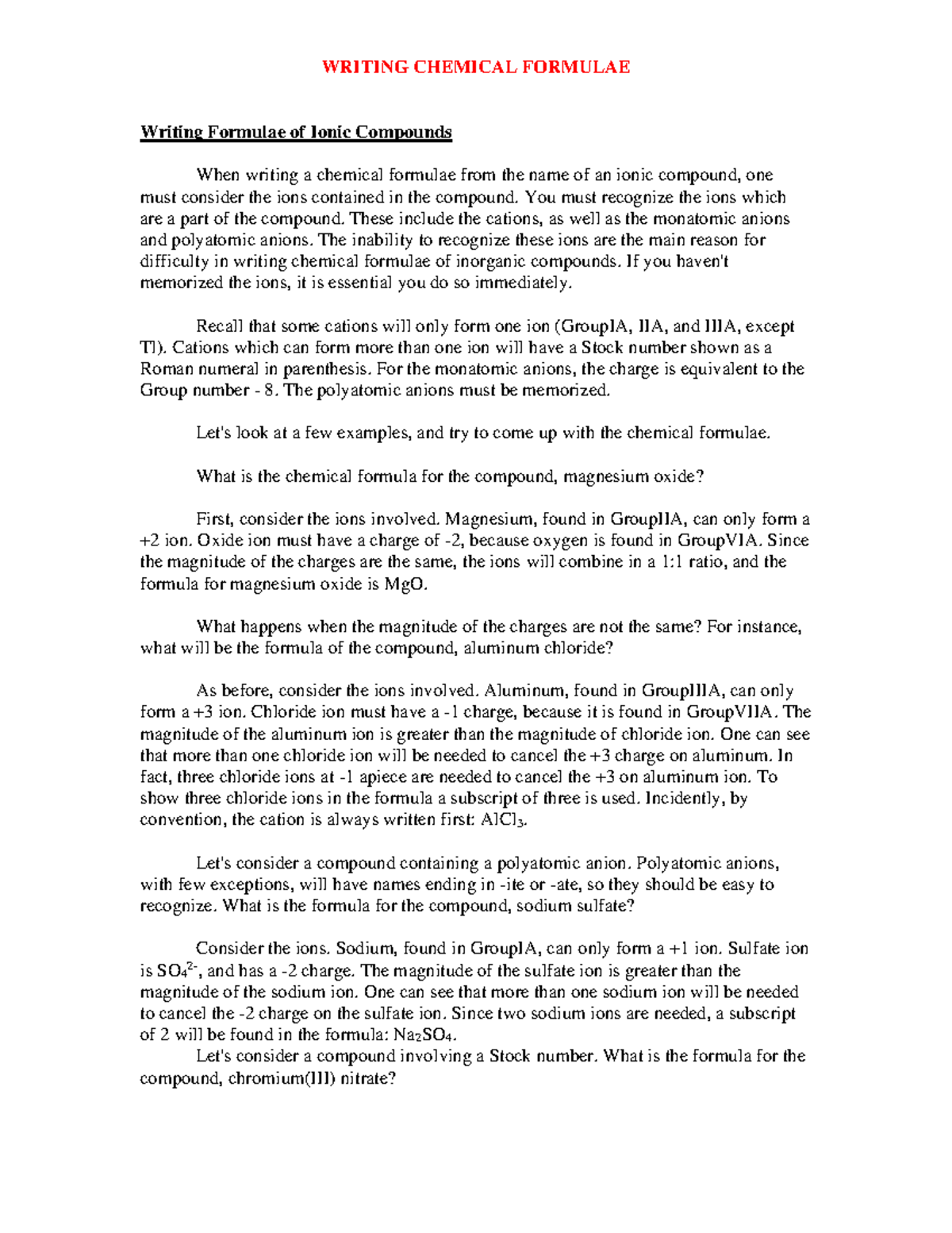 Writing Chemical Formulae - WRITING CHEMICAL FORMULAE Writing Formulae ...