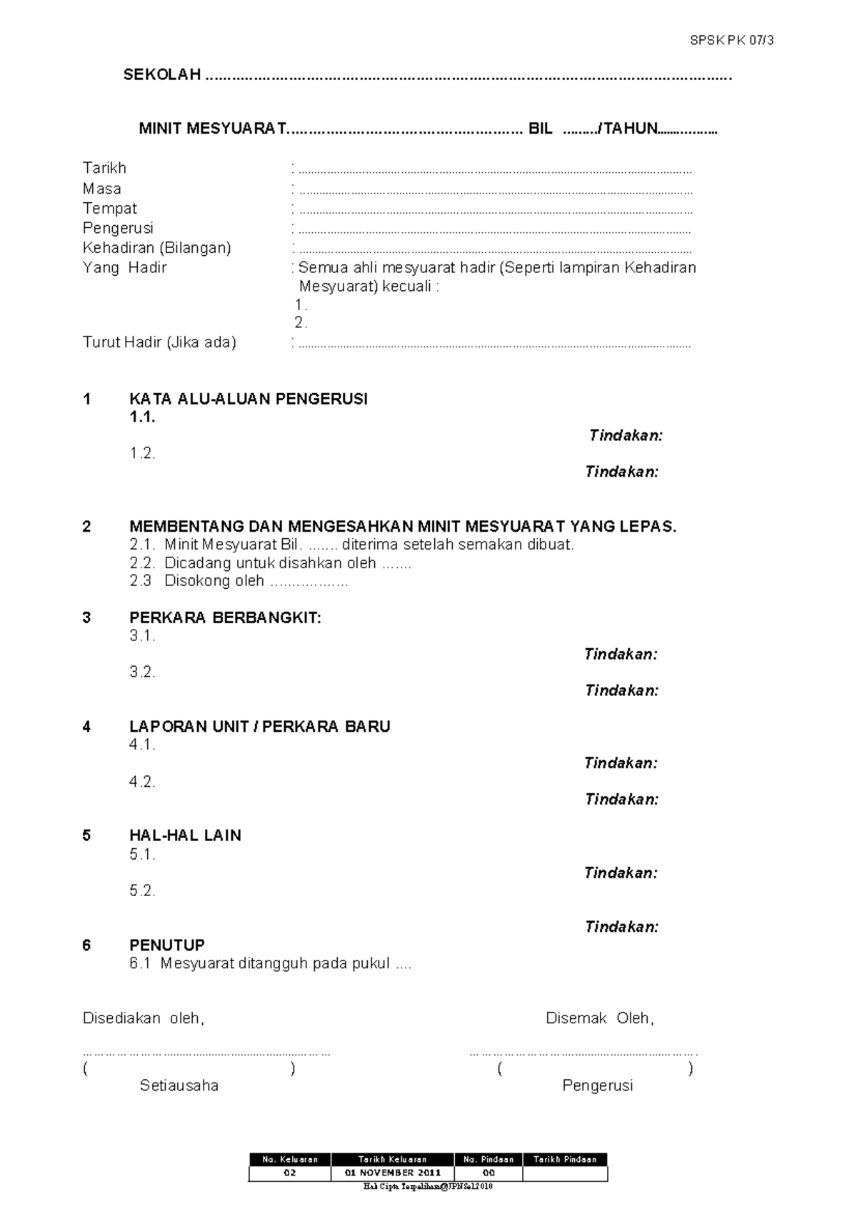 Borang PK 07 3 Contoh Format Minit Mesyuarat - SPSK PK 07/ SEKOLAH ...