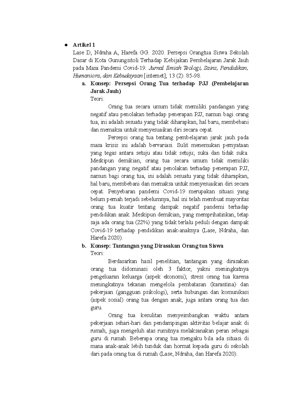 Task 12 - Catatan - Artikel 1 Lase D, Ndraha A, Harefa GG. 2020. Persepsi Orangtua Siswa Sekolah ...