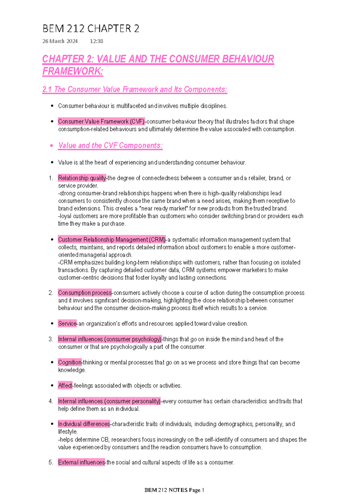 BEM 212 Chapter 2 - Summary Cb: Consumer Behavior - CHAPTER 2: VALUE AND THE CONSUMER BEHAVIOUR ...