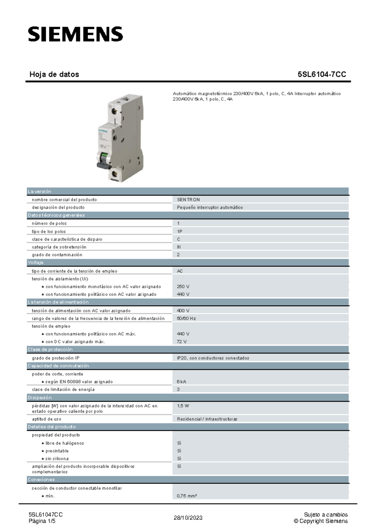 5SL61047 CC datasheet es - Hoja de datos 5SL6104-7CC Automático ...
